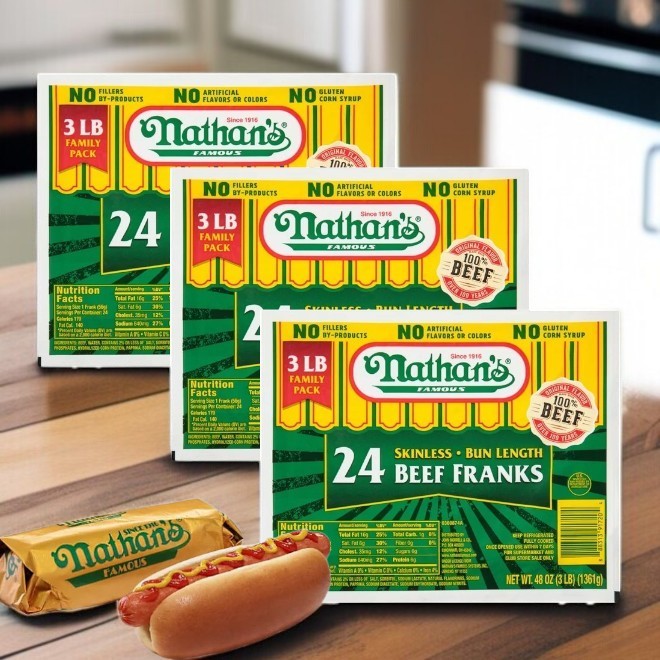 Nathan's Famous Beef Franks – 3 Family Packs (3 lbs Each), 72 Total Fr