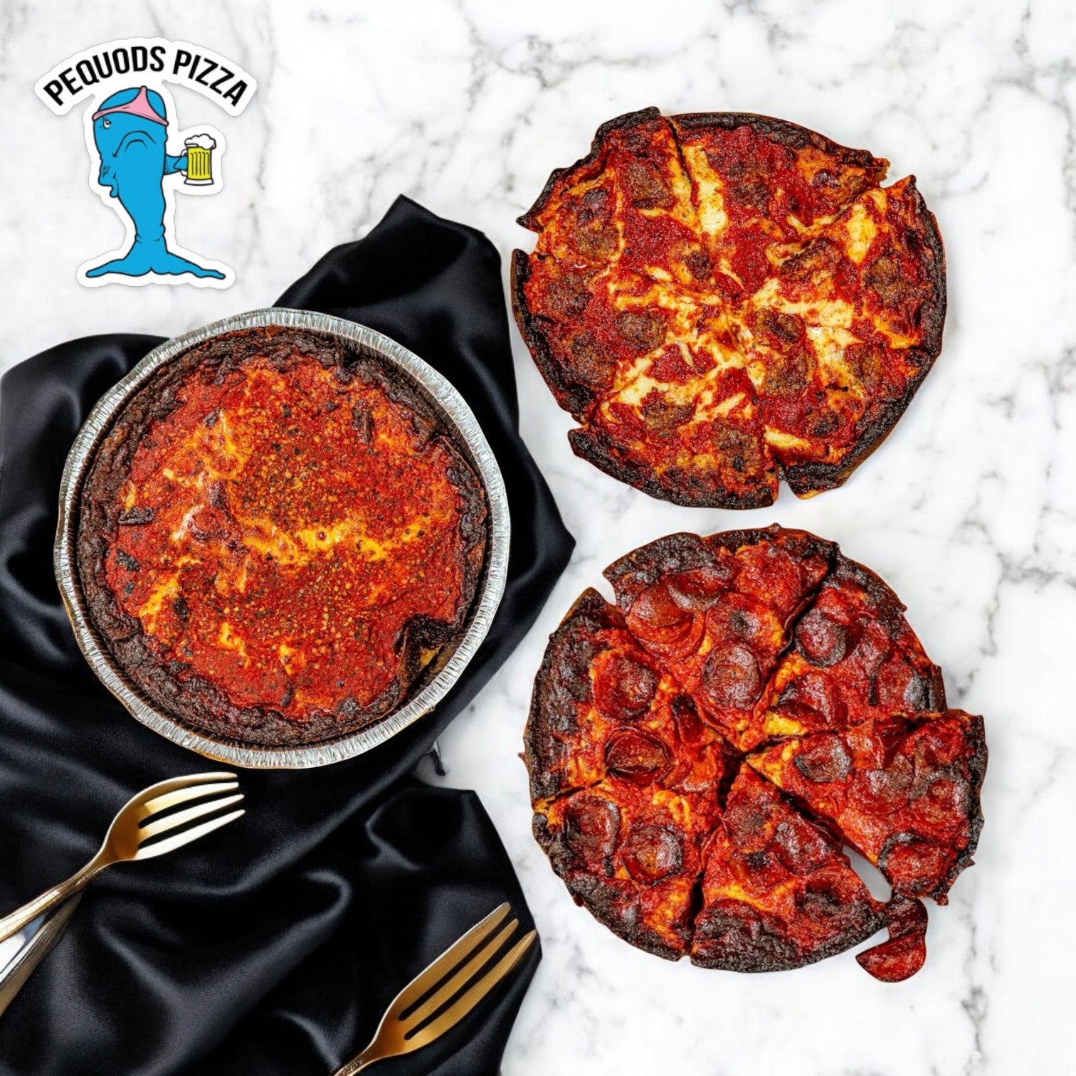 Pequod’s Deep Dish Pizza 3-Pack Combo: Cheese, Pepperoni & Sausage- Fr
