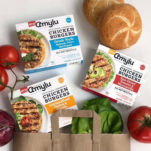 Amylu Organic Chicken Burgers with Caramelized Onion & Aged White Ched