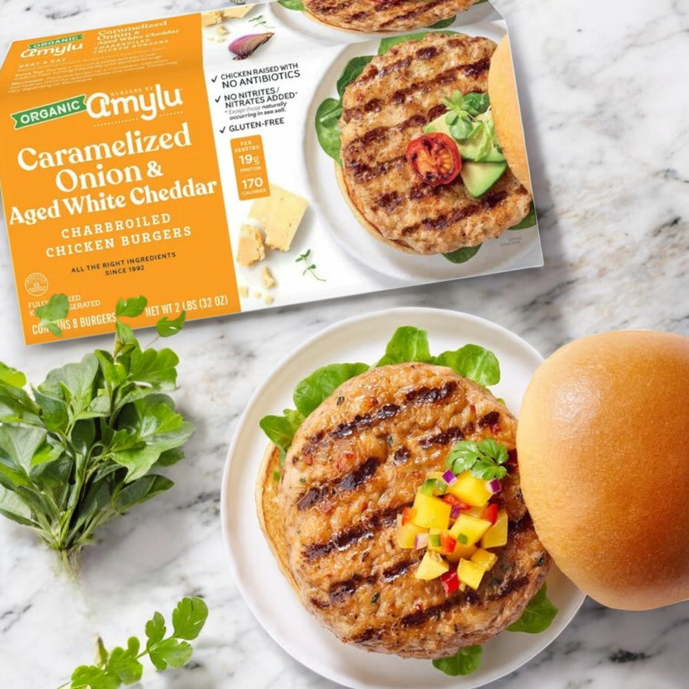 Amylu Organic Chicken Burgers with Caramelized Onion & Aged White Ched