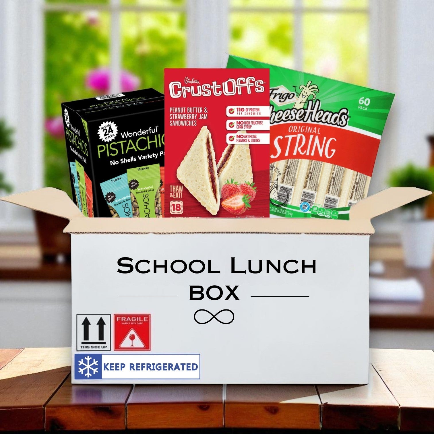 School Lunch Box- 24 Pistachios, 60 String Cheese, 18 Strawberry Crust