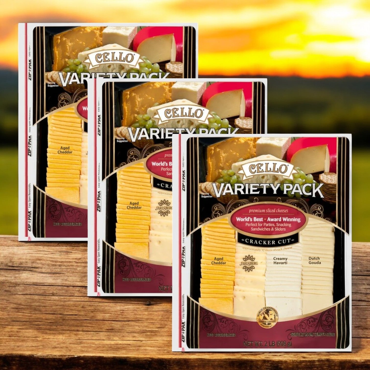 Cello Variety Pack, Cracker Cut, Premium Sliced Cheeses, 2 lbs. - 3 Pa