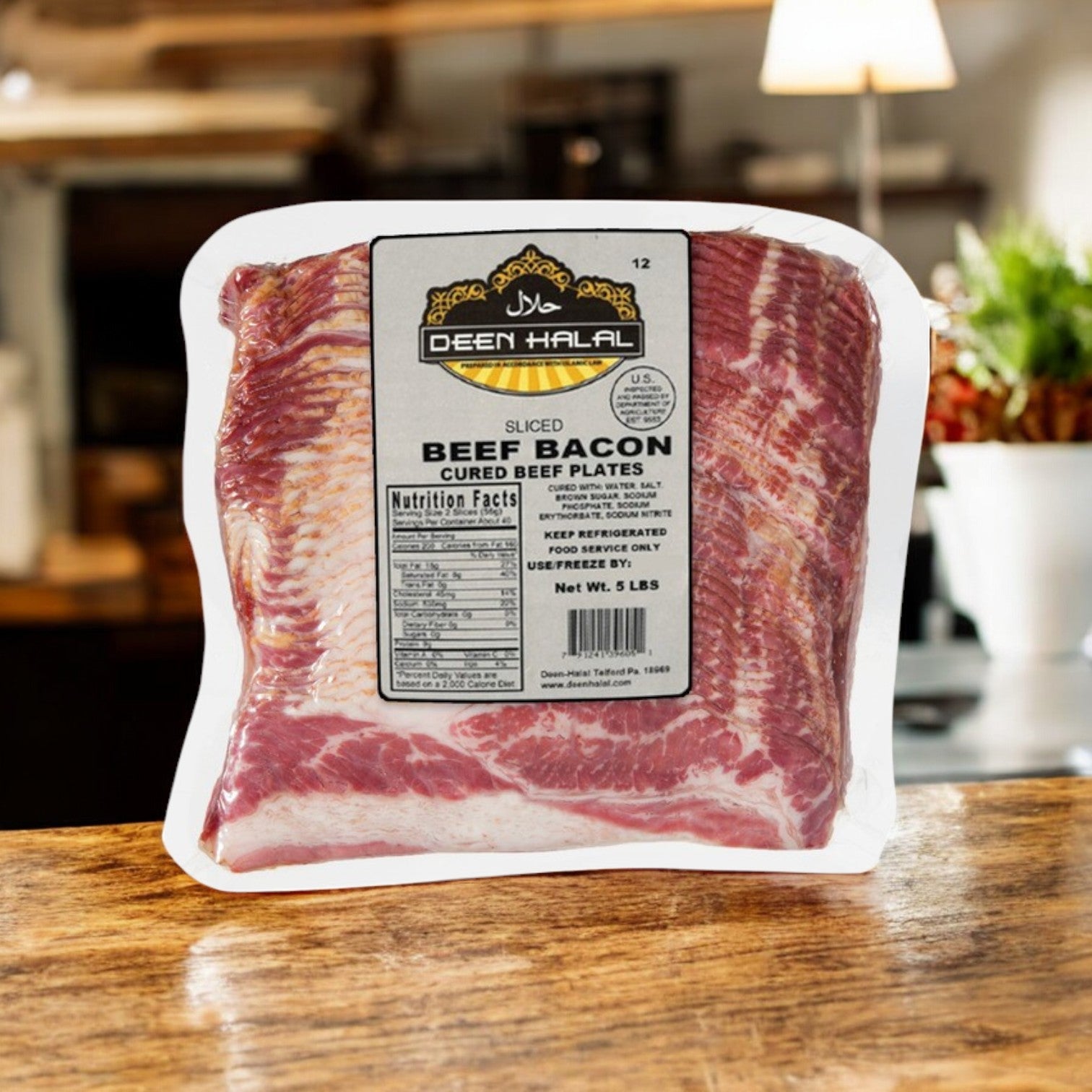 Deen Halal Beef Bacon, Sliced, 5 lbs