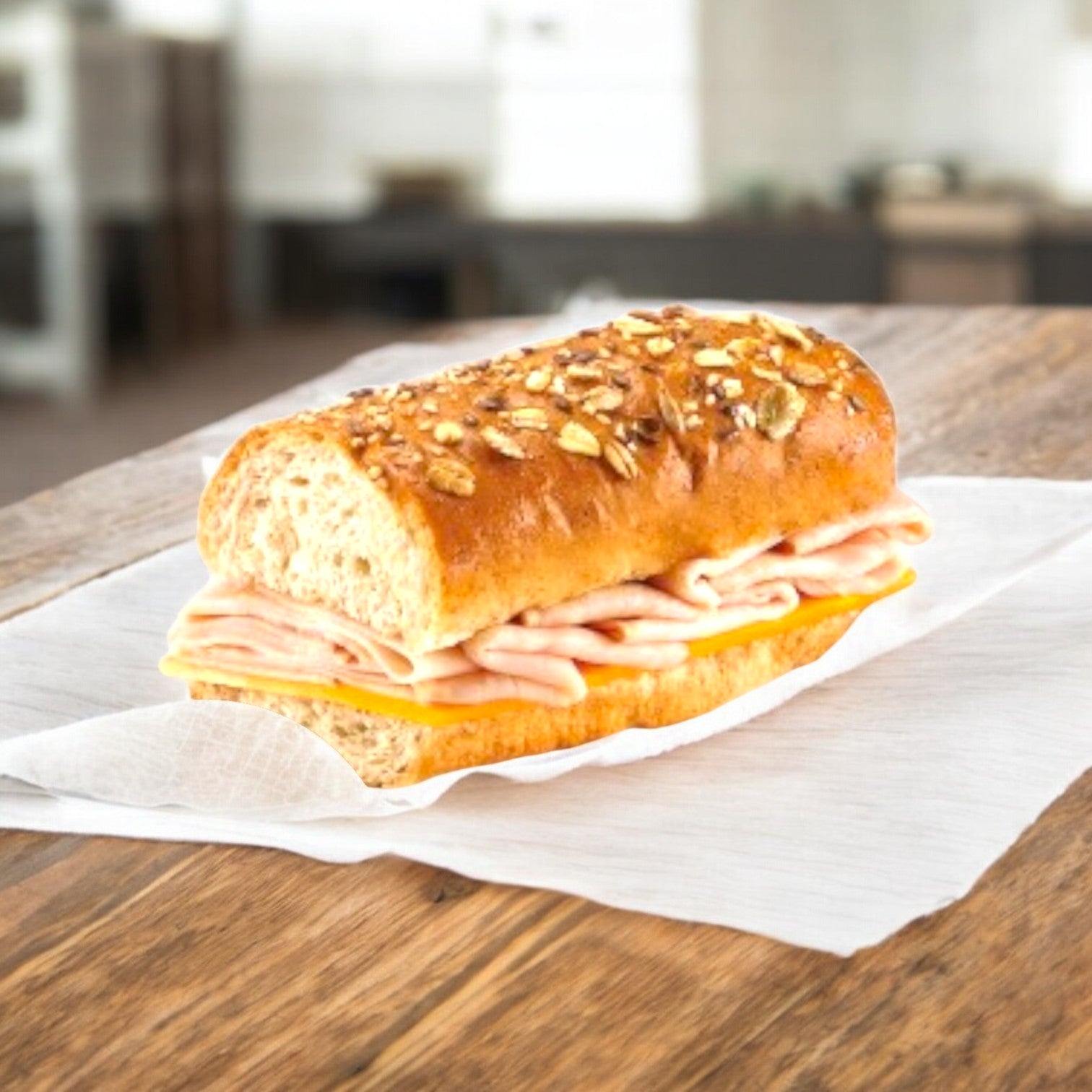 Smoked Turkey & Cheddar Sub Sandwich on Rustic Oat-Topped Roll – 1 Cou