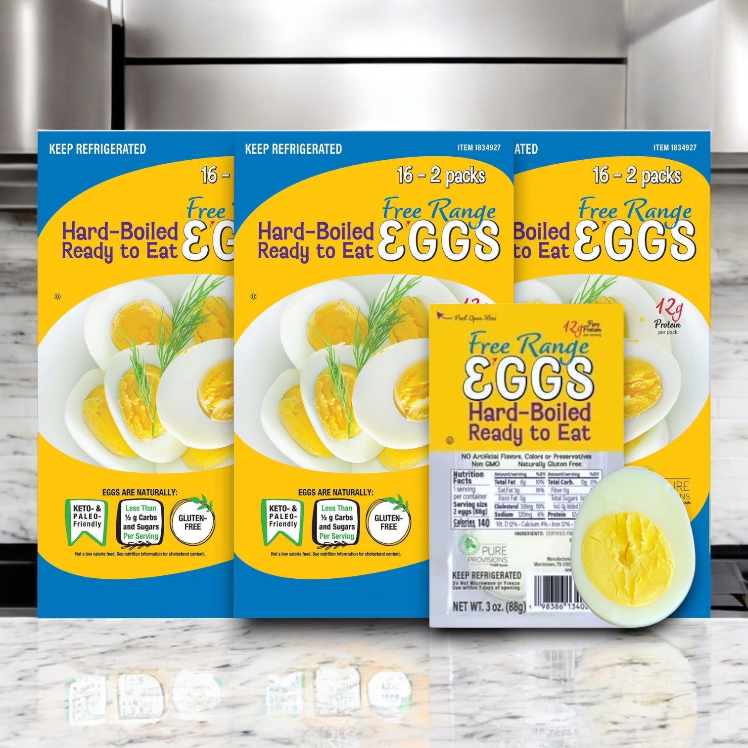 Pure Provisions Hard Boiled Eggs, Free Range – 3 Boxes (16 Packs Each)