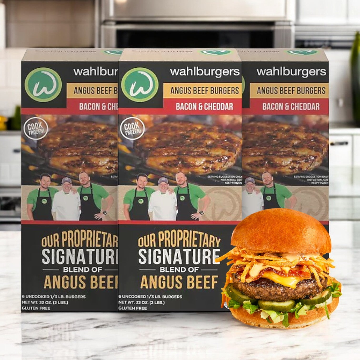 Wahlburgers Frozen Beef Patties, Bacon & Cheddar, 32 oz - 3 Count