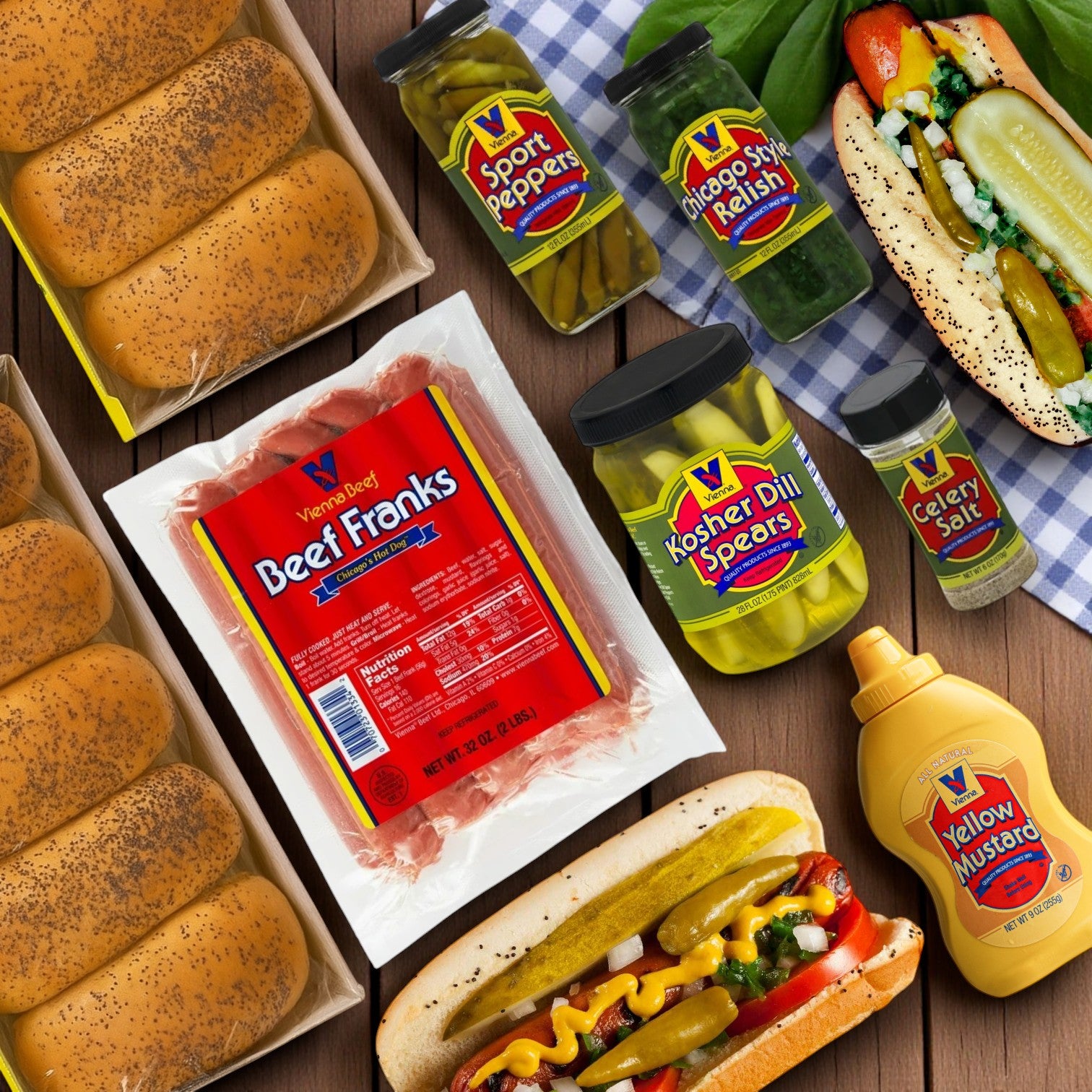 Vienna Hot Dog Kit – Chicago Style (16 Hot Dogs with Buns & Condiments