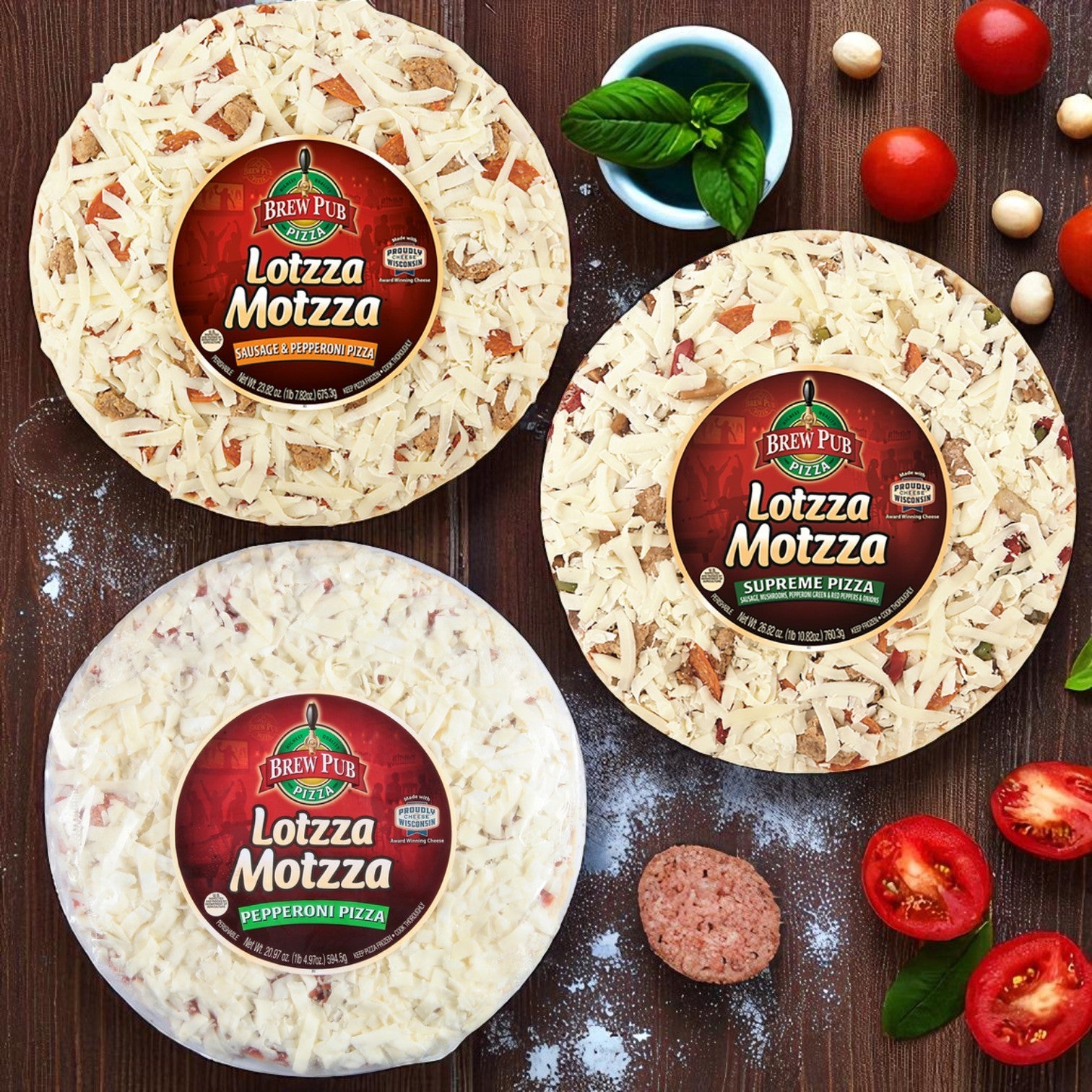 Brew Pub Lotzza Motzza Pizza 3-Pack – Sausage & Pepperoni, Supreme, an